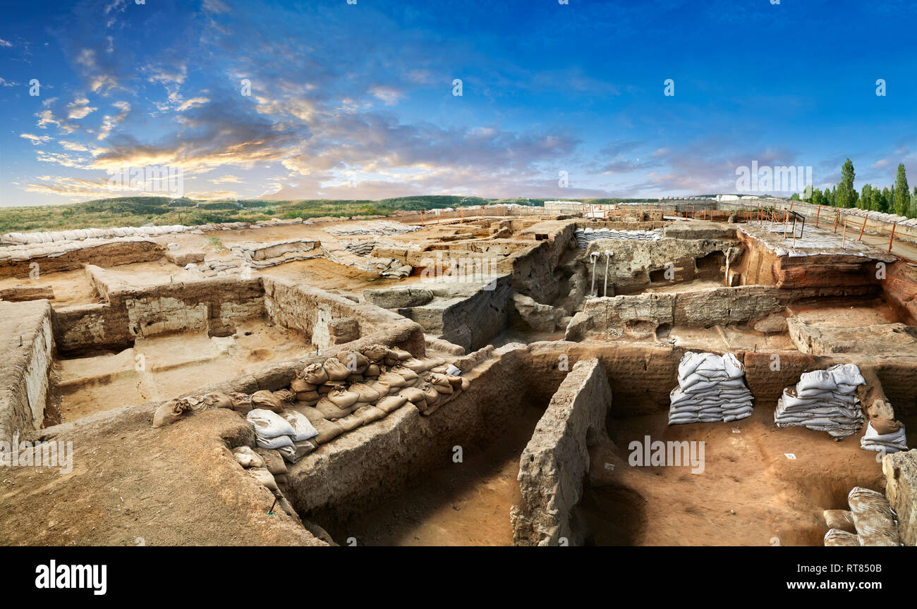 Neolithic wall remains of mud brick houses walls of the north ecavation ...
