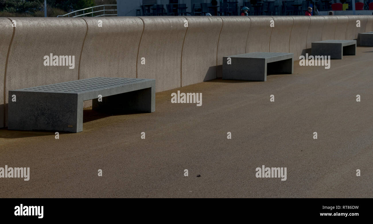 Modern Contemporary setting in front of new sea defences on Morecambe ...