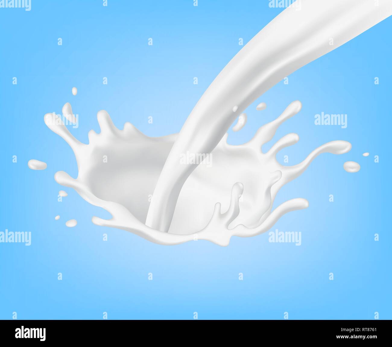 Big milk splash and pouring vector realistic illustration isolated on blue background vector ...