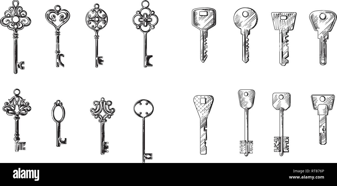 sketch hand drawn collection of keys from different styles old modern ...