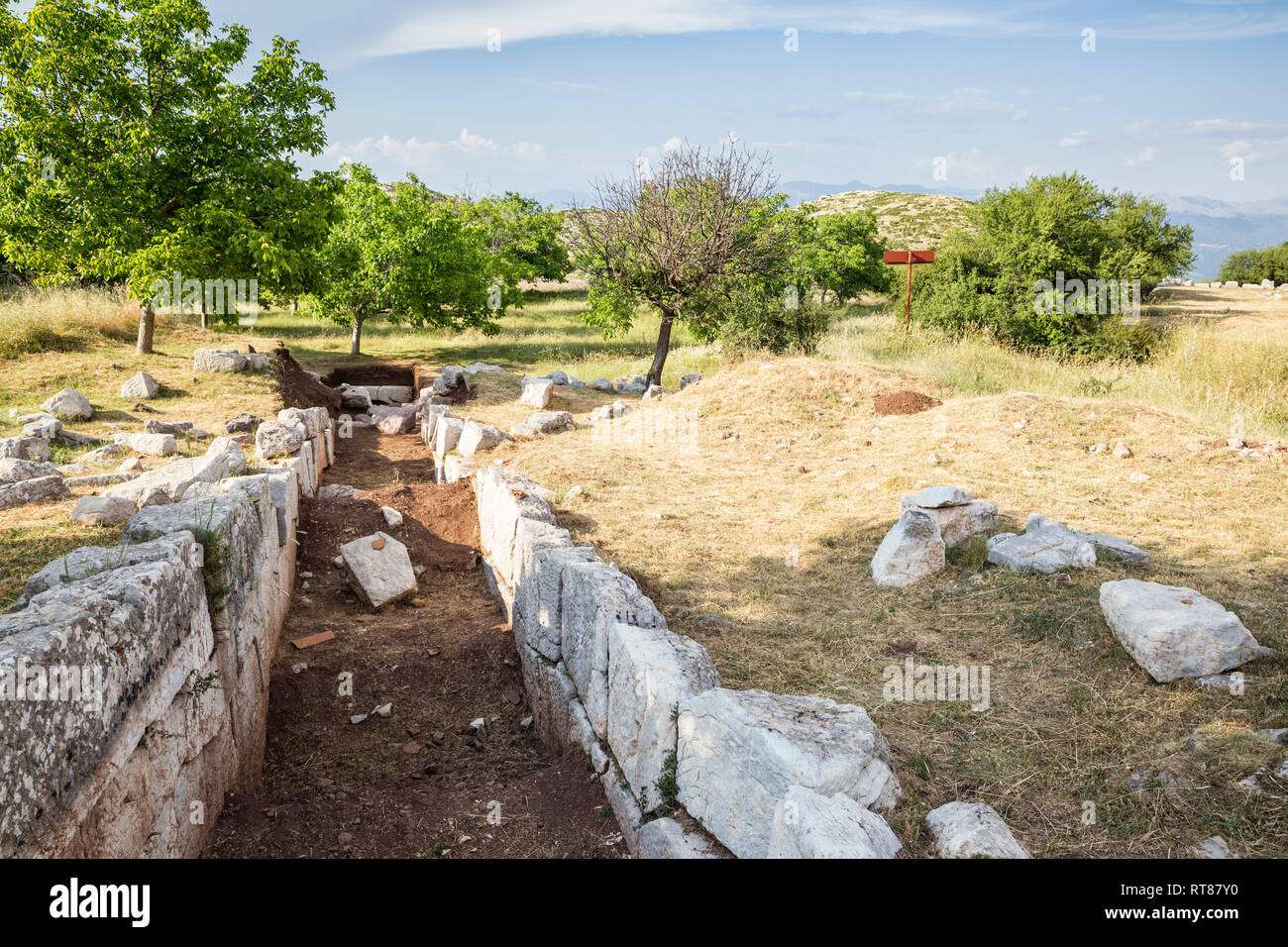 Greece, Peloponnese, Arcadia, Lykaion, antique excavation site below ...