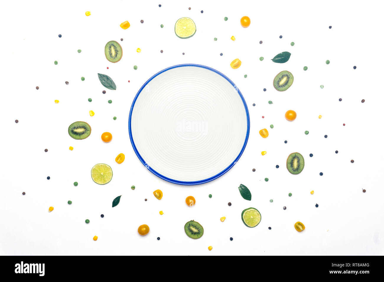 Food Flat Lay Spring Summer Concept With Empty Plate Vegan Vegetables And Fruit Detox