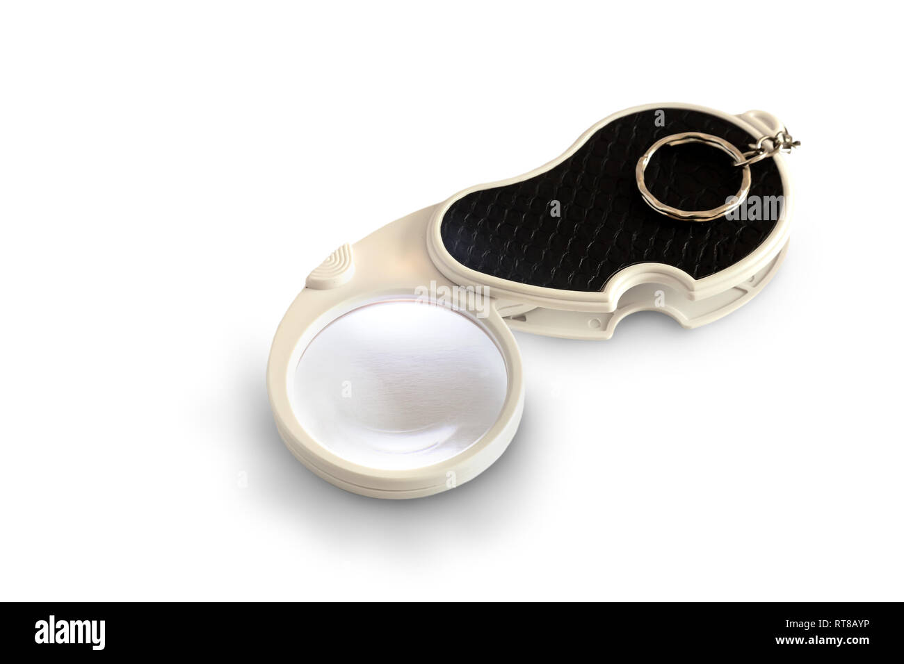 On a white background, a small handy magnifier in a black case. It has ...