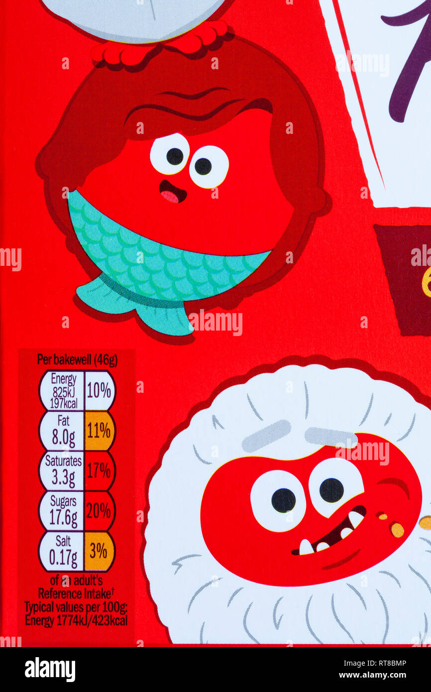 Nutritional information on box of Mr Kipling 6 cherry bakewells ...