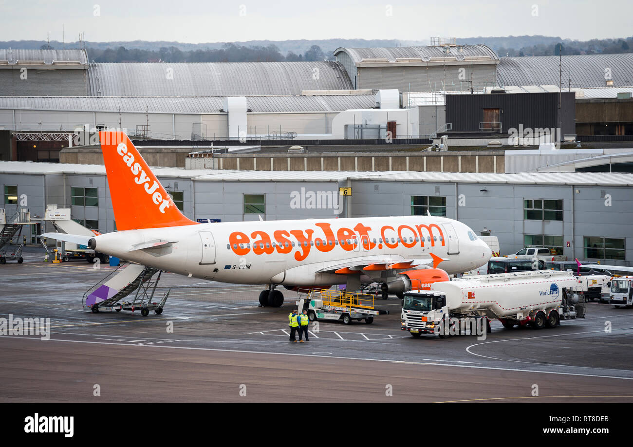 Easyjet aeroplane waiting on the apron area at Luton airport, England ...