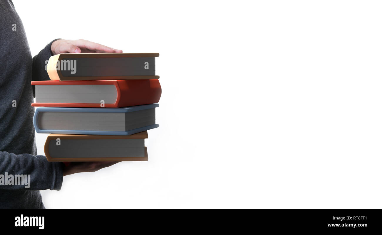 Photo on side of man holding four colorful books on blank white ...