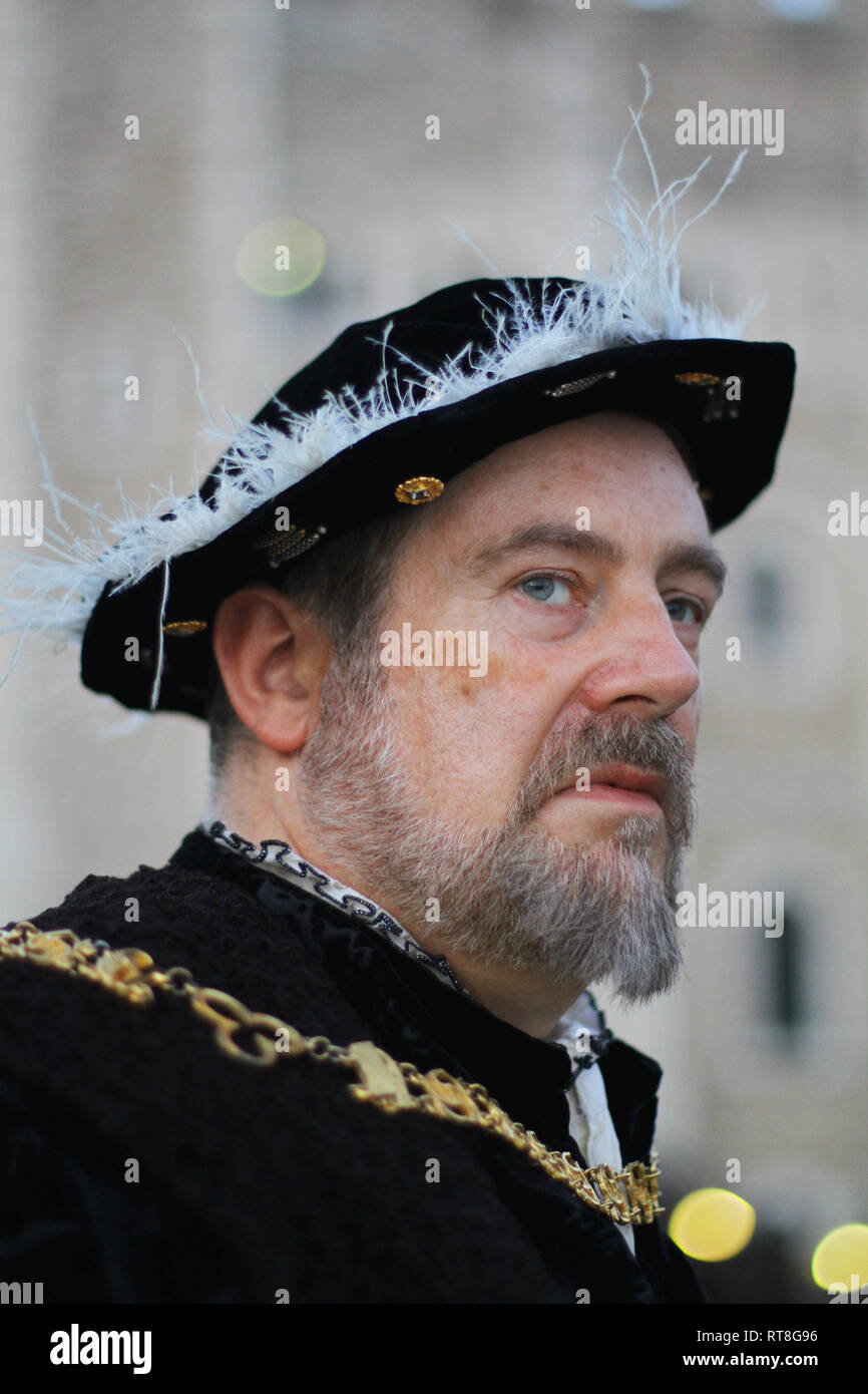 Portrait of a modern day Henry VIII wearing authentic Tudor dress taken ...