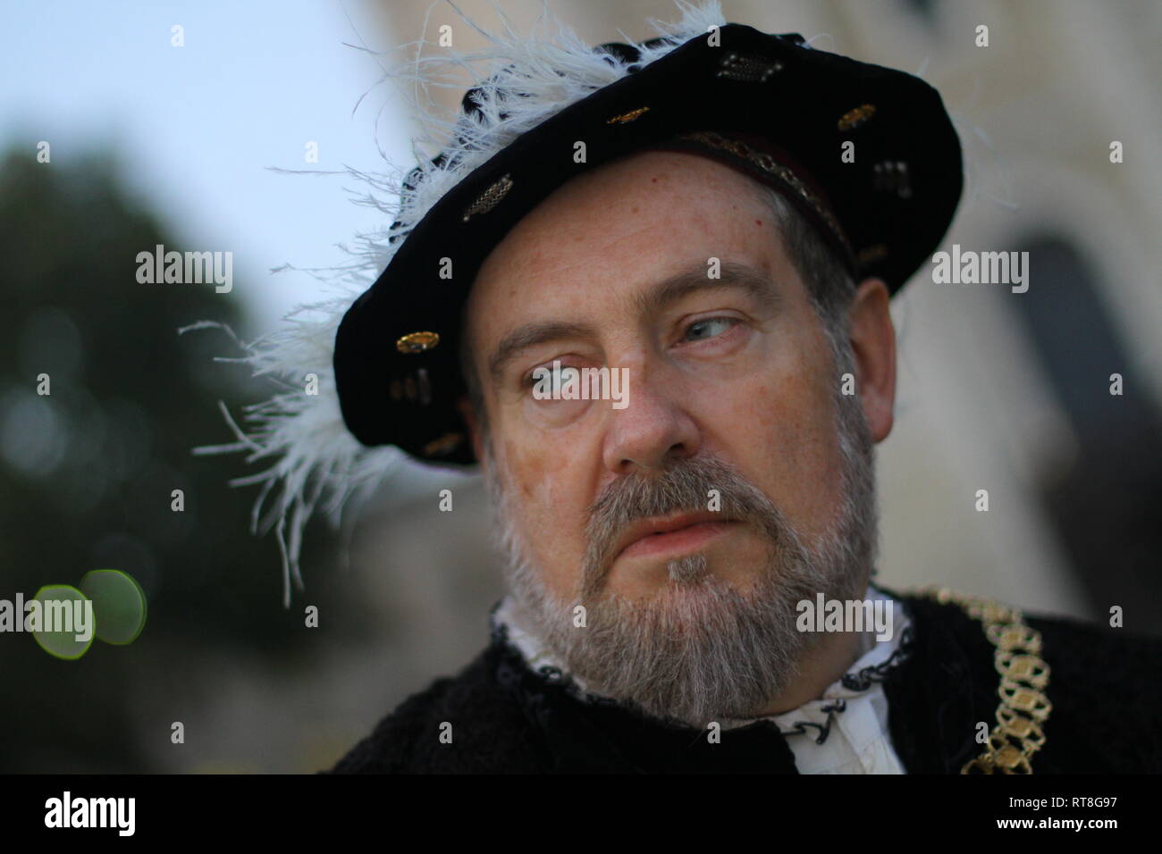 Portrait of a modern day Henry VIII wearing authentic Tudor dress taken ...