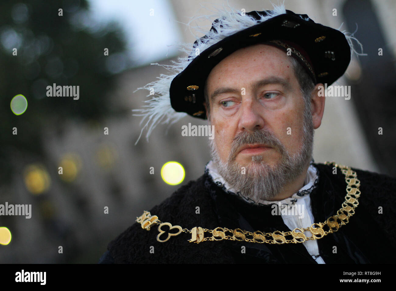 Portrait of a modern day Henry VIII wearing authentic Tudor dress taken ...