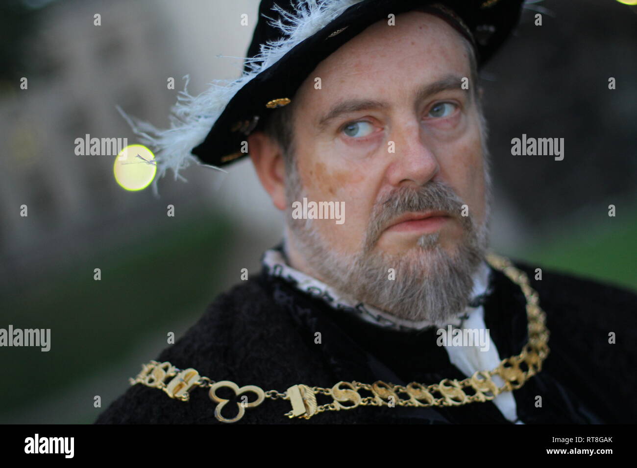 Portrait of a modern day Henry VIII wearing authentic Tudor dress taken ...