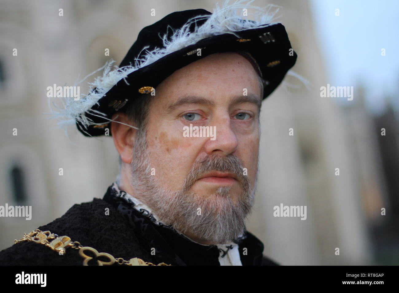 Portrait of a modern day Henry VIII wearing authentic Tudor dress taken ...