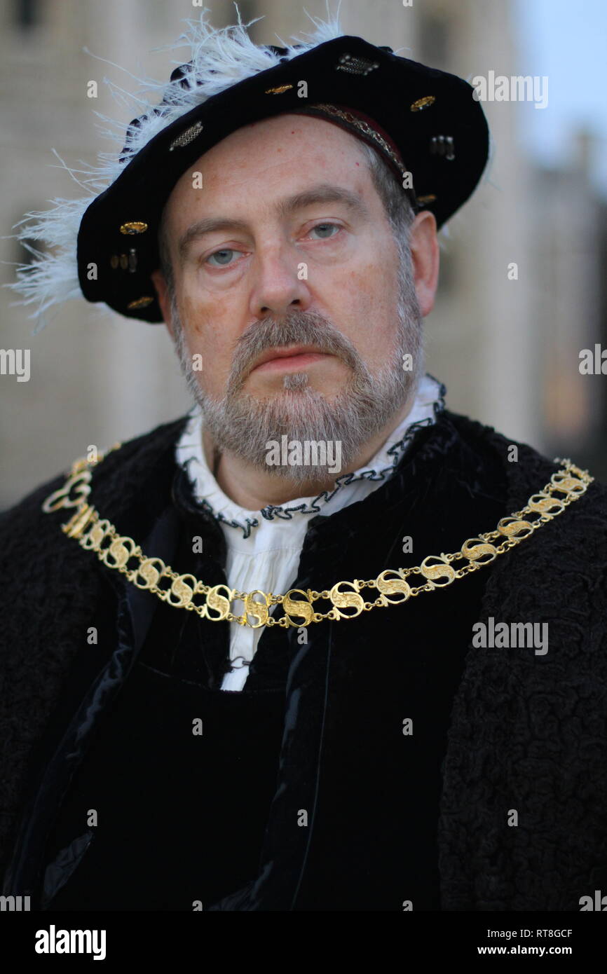 Portrait of a modern day Henry VIII wearing authentic Tudor dress taken ...