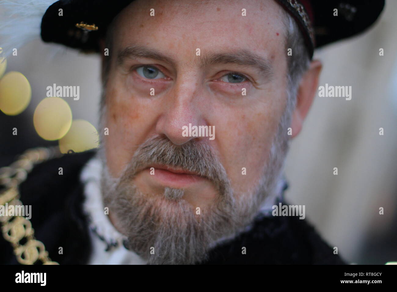 Portrait of a modern day Henry VIII wearing authentic Tudor dress taken ...