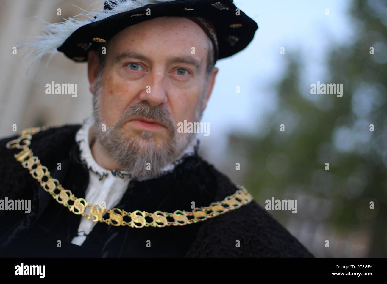 Portrait of a modern day Henry VIII wearing authentic Tudor dress taken ...