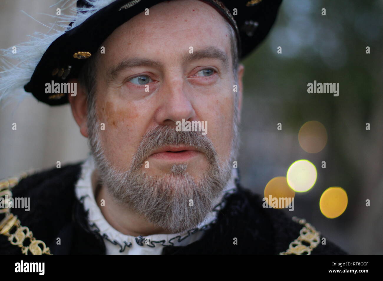 Portrait of a modern day Henry VIII wearing authentic Tudor dress taken ...