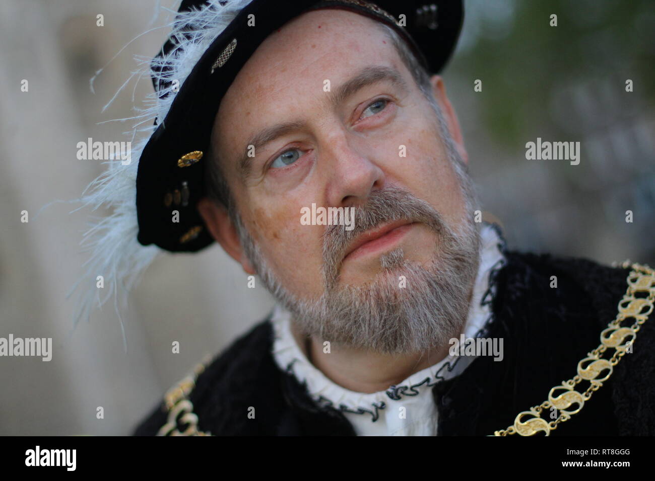 Portrait of a modern day Henry VIII wearing authentic Tudor dress taken ...