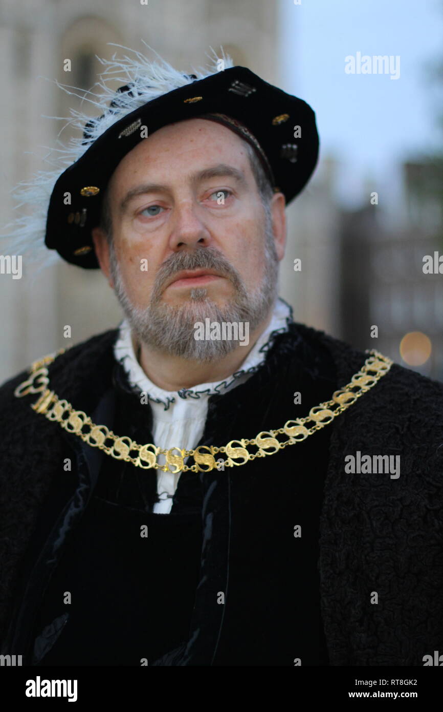 Portrait of a modern day Henry VIII wearing authentic Tudor dress taken ...