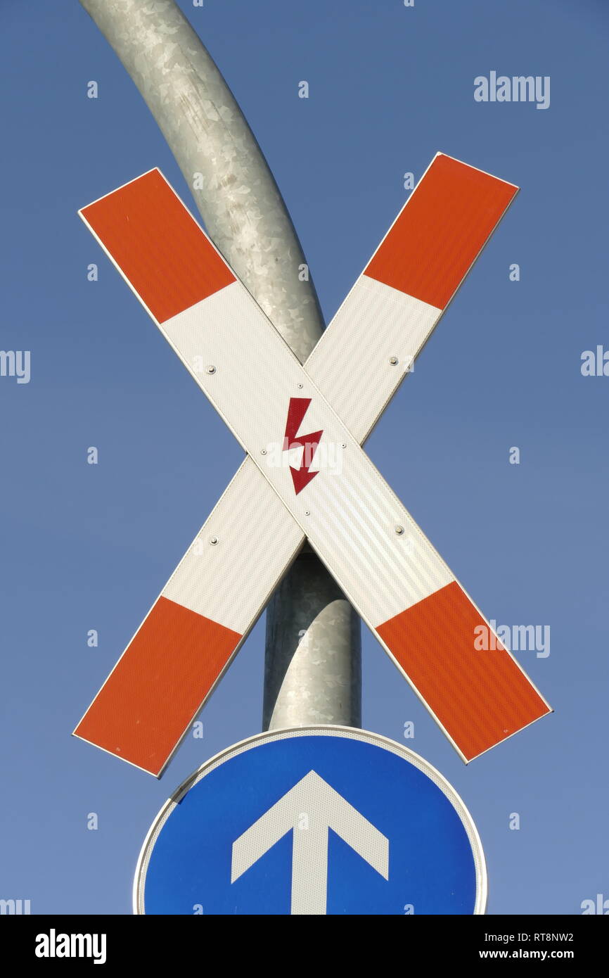 Danger sign St. Andrew's Cross in front of a railroad crossing, sign ...