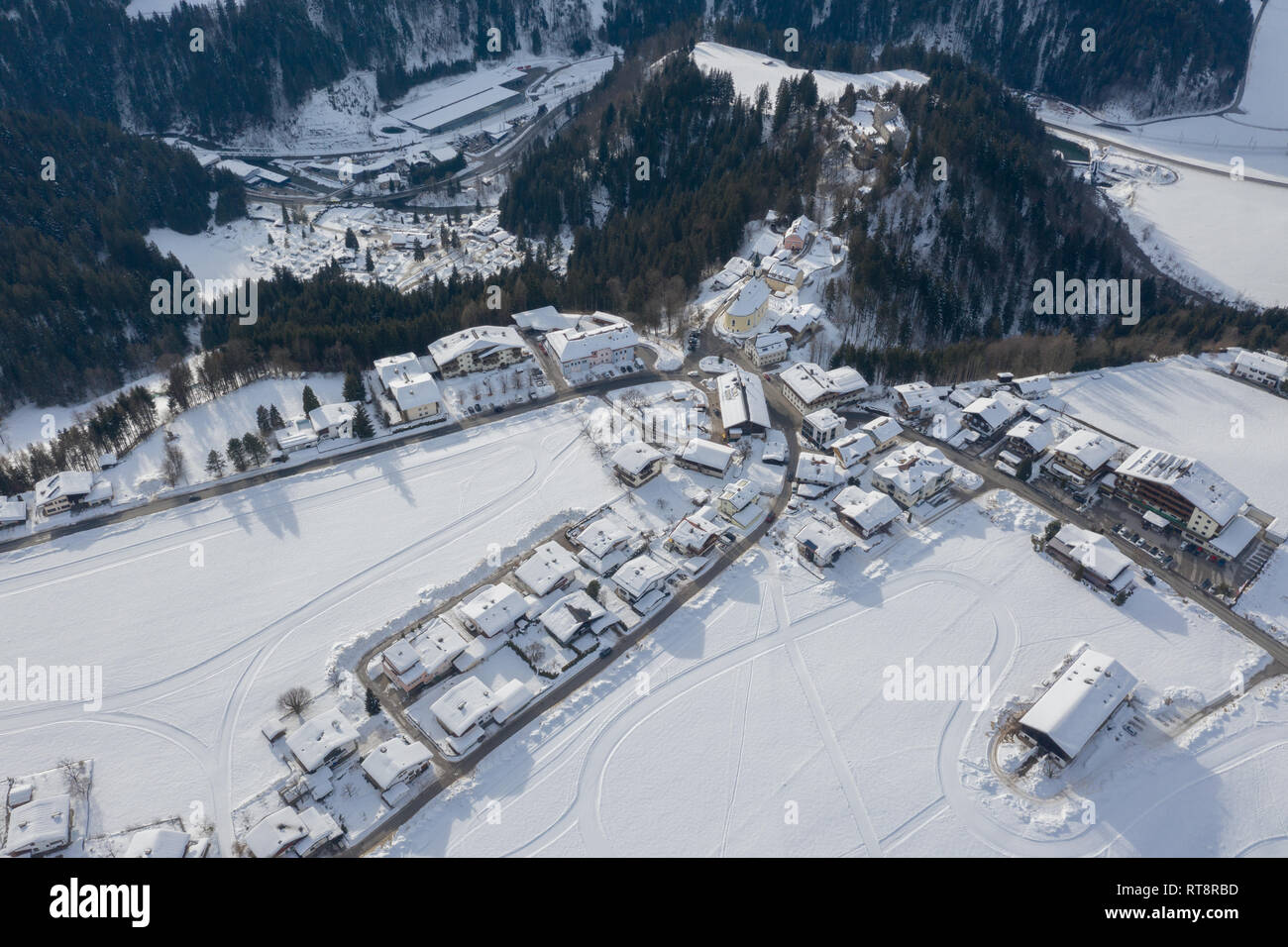 Aerial View of Austrian Itter Village Covered by Snow in Winter Morning ...