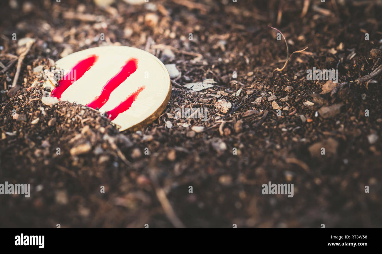 Bloodstained coin buried in the ground, concept money stained with ...