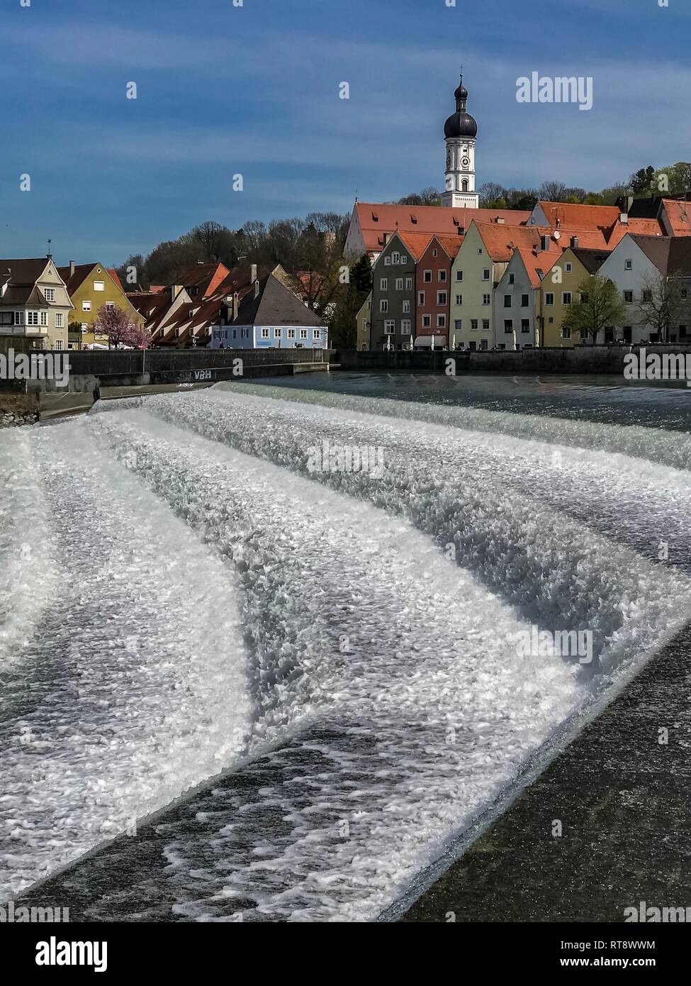 Cityscape in Landsberg am Lech with waterfall Stock Photo - Alamy