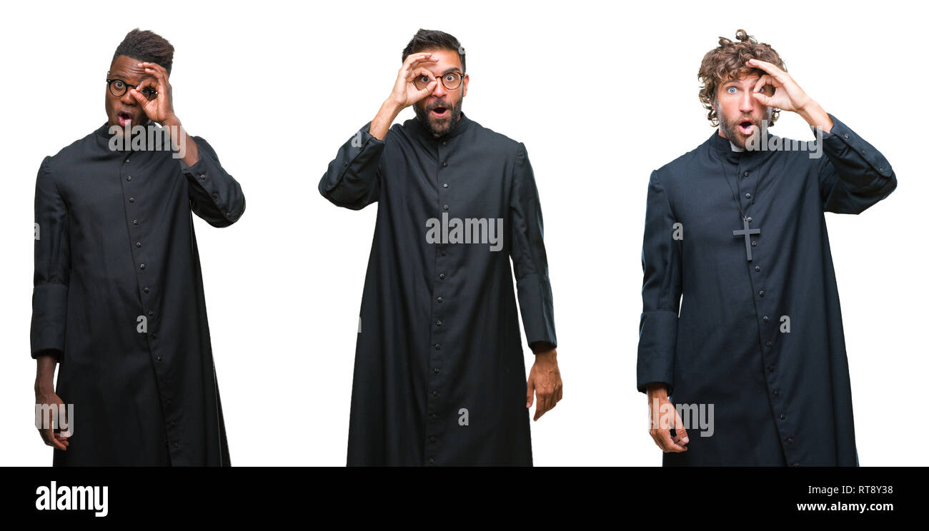 Collage of christian priest men over isolated background doing ok ...
