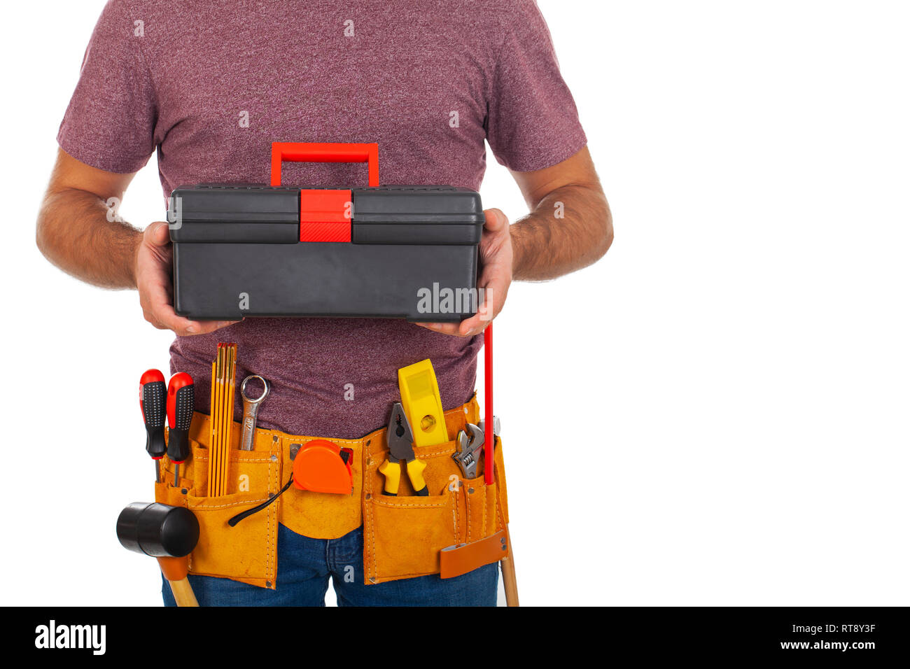 Close up picture of young carpenter with yellow tool belt, maintenance ...