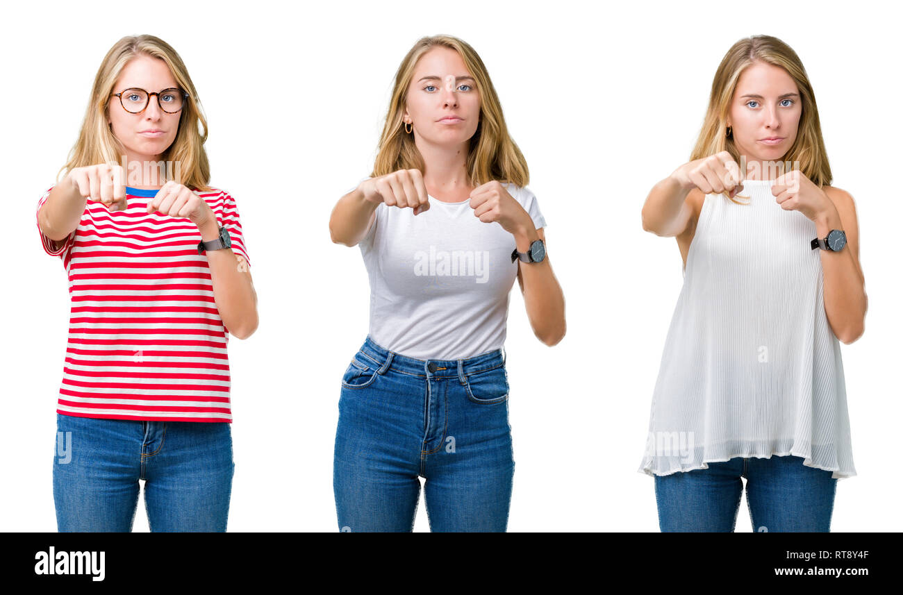 Collage of beautiful blonde woman over white isolated background ...