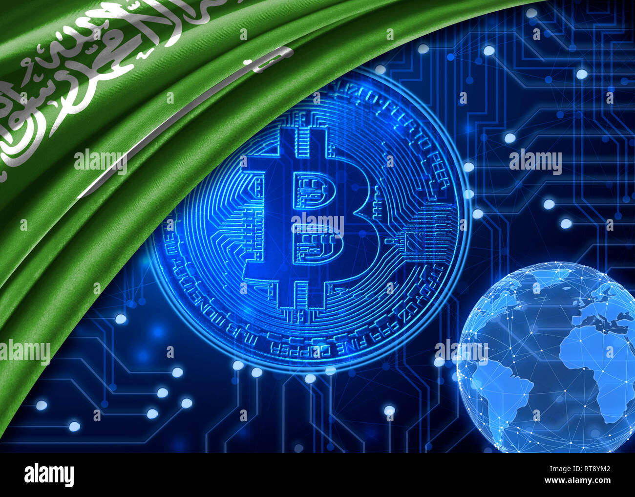 Flag of Saudi Arabia is shown against the background of crypto currency ...