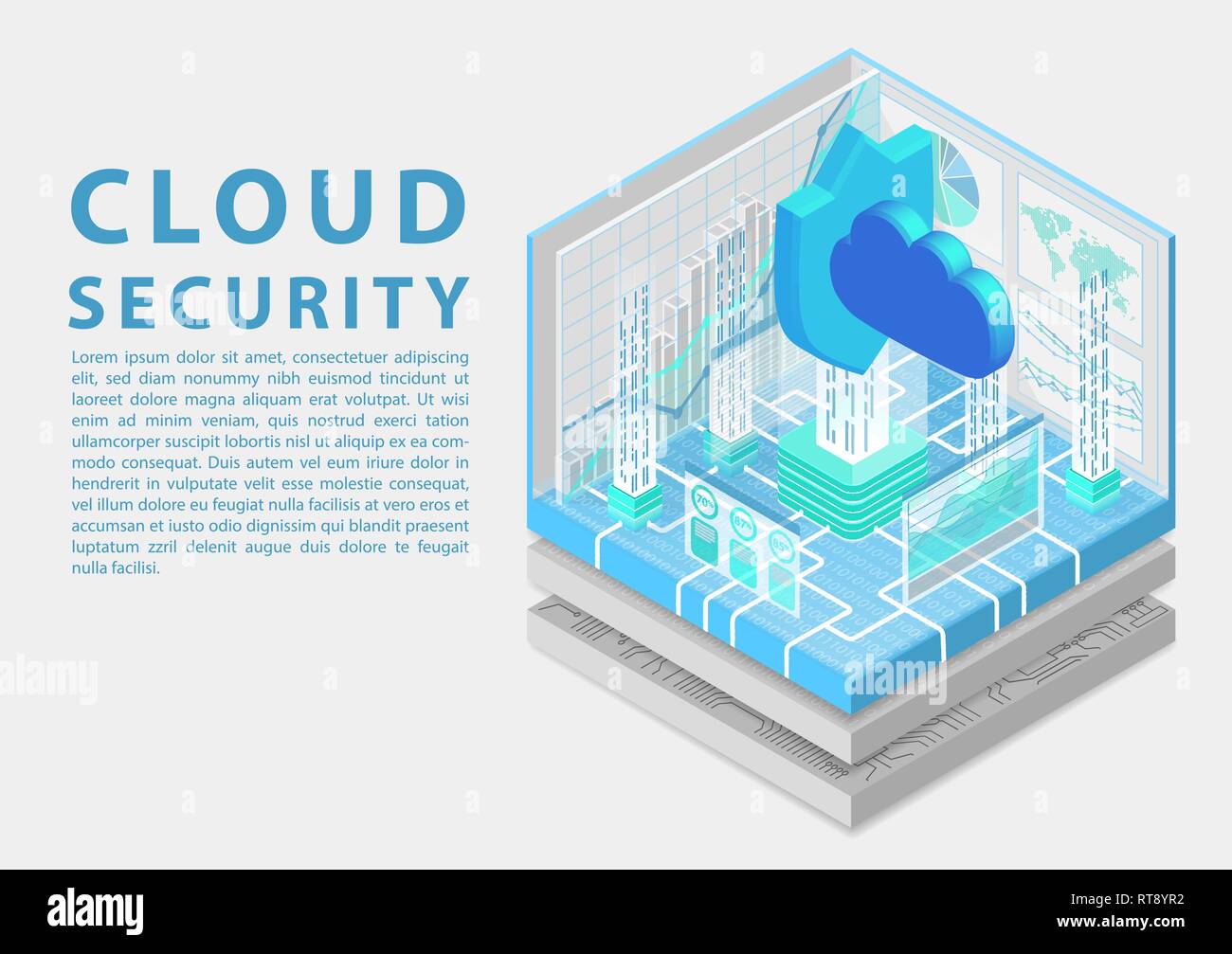 Cloud computing security concept with symbol of floating cloud and shield as isometric 3d vector ...