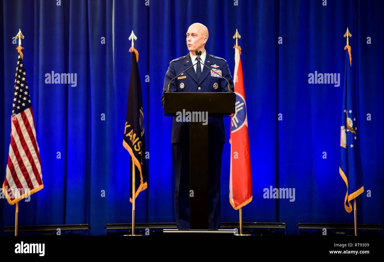 Col. Josh Olson, 22nd Air Refueling Wing commander, speaks during the ...