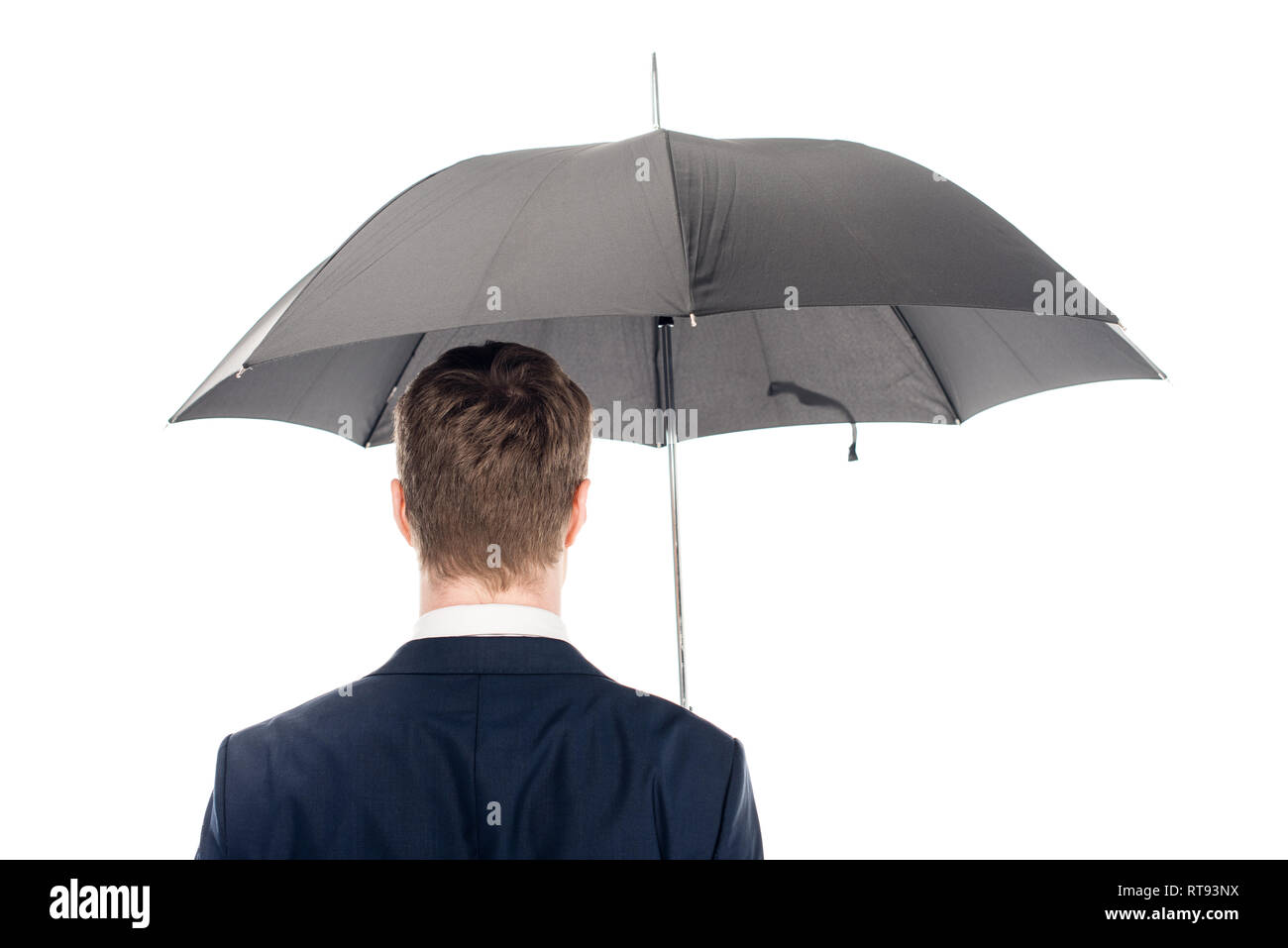 back view of businessman with umbrella isolated on white Stock Photo ...