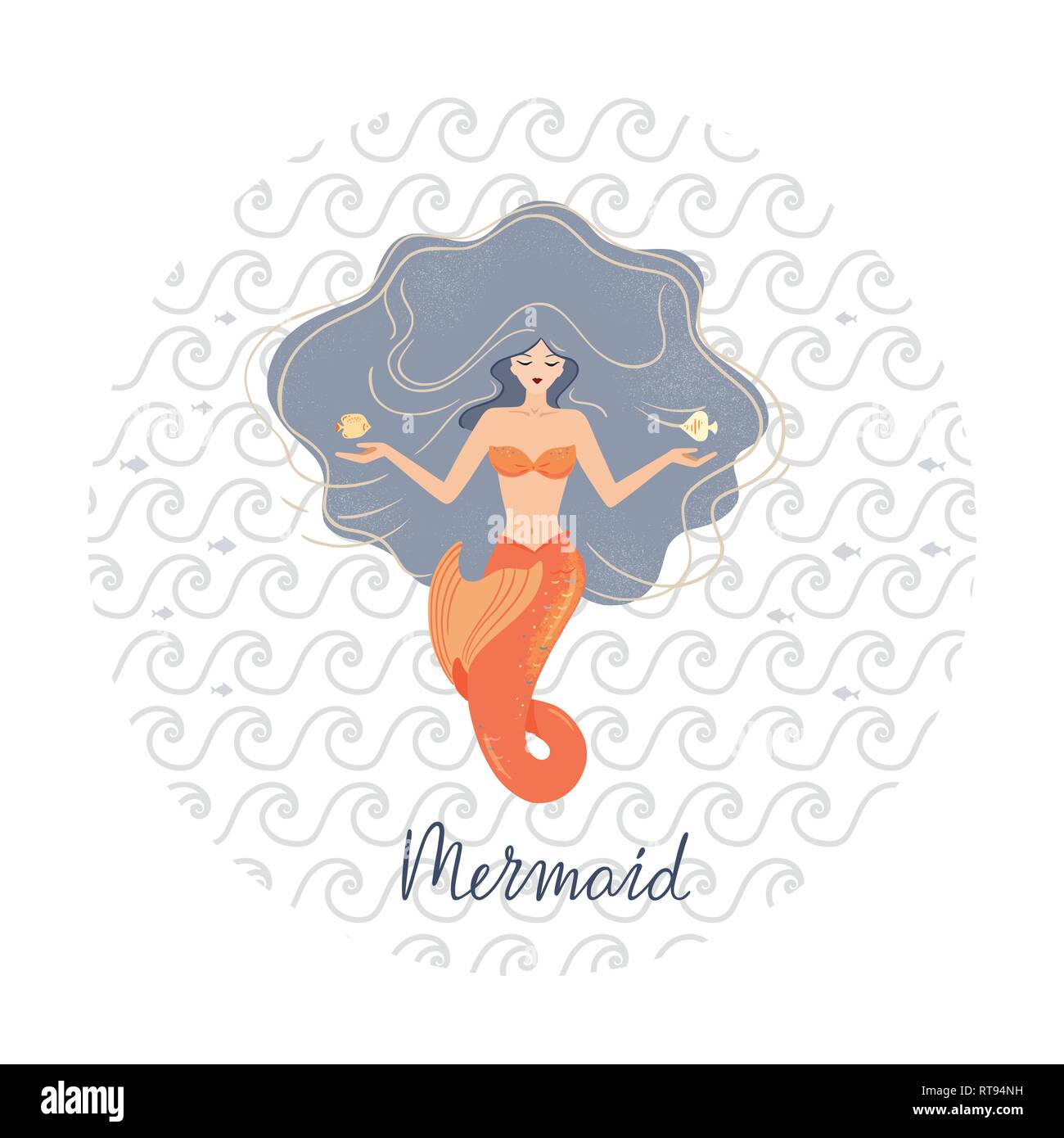 Circular vector illustration of a meditating mermaid with flowing hair ...