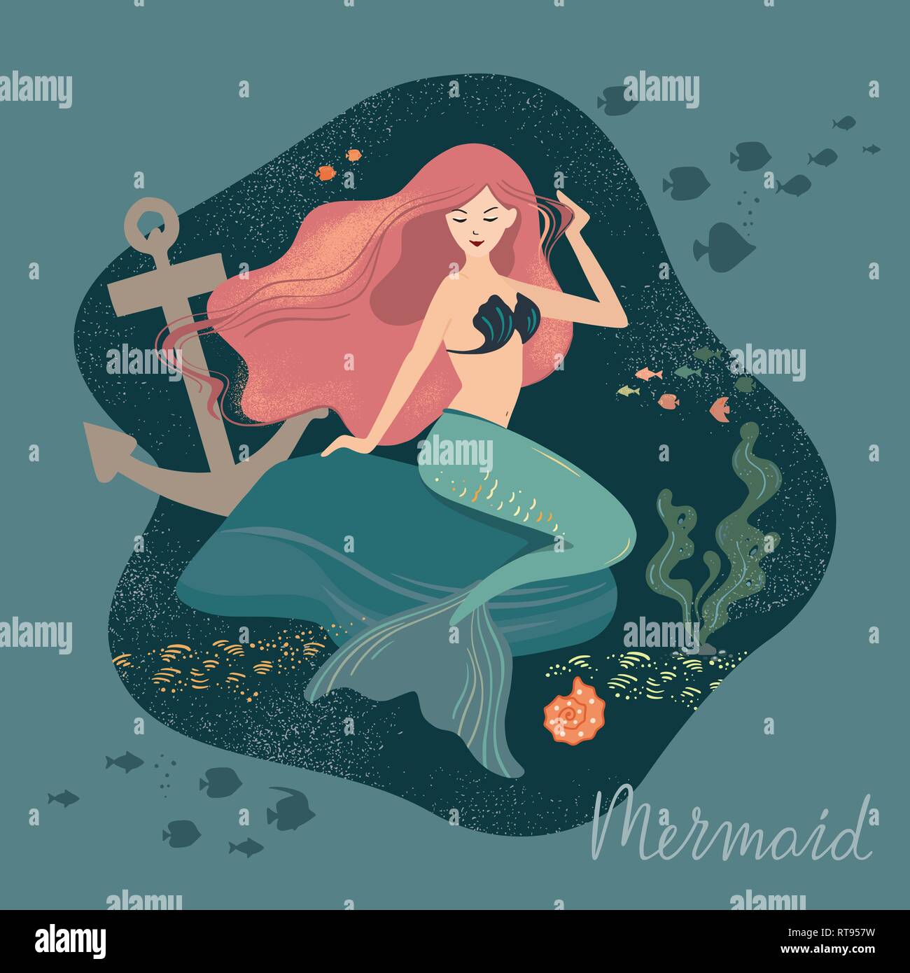 Vector illustration of a mermaid with flowing hair at the bottom of the ...