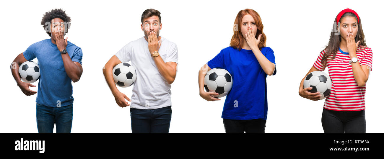 Collage of people holding football soccer ball over isolated background ...