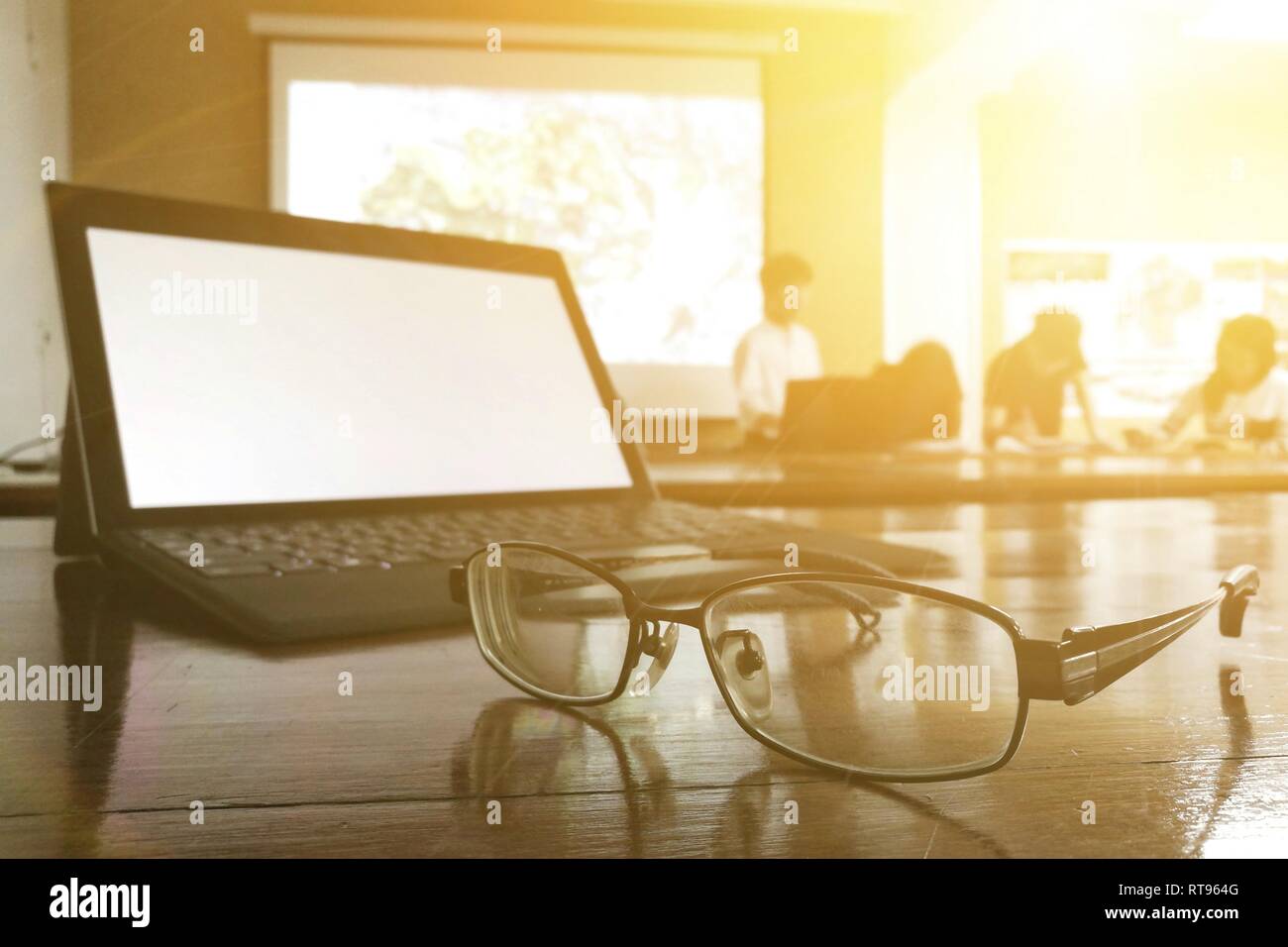 Tired and worn out in a meeting presentation. Glasses in front of a ...