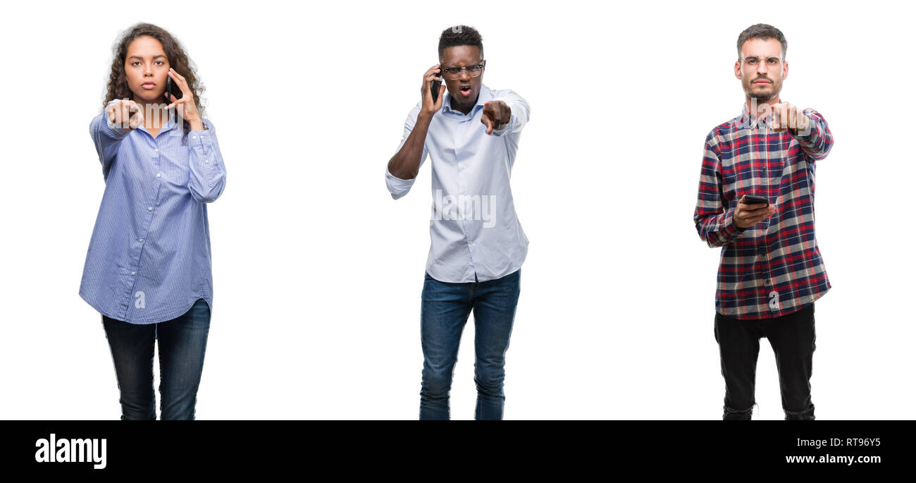 Collage of young people talking and texting using smartphone over ...