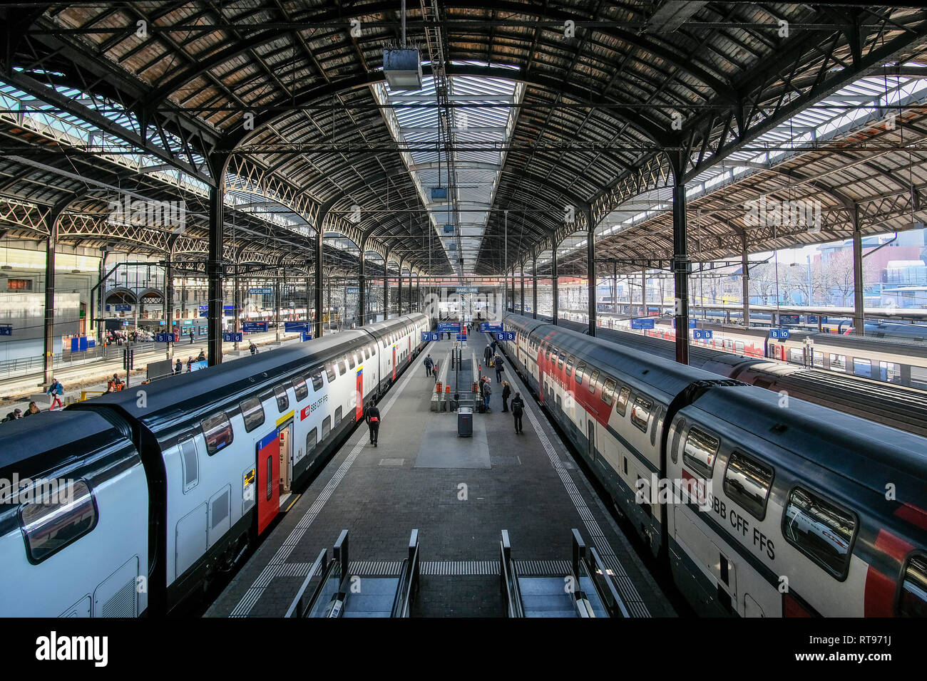 Platform of Europe's largest border station, Basel SBB station, with ...