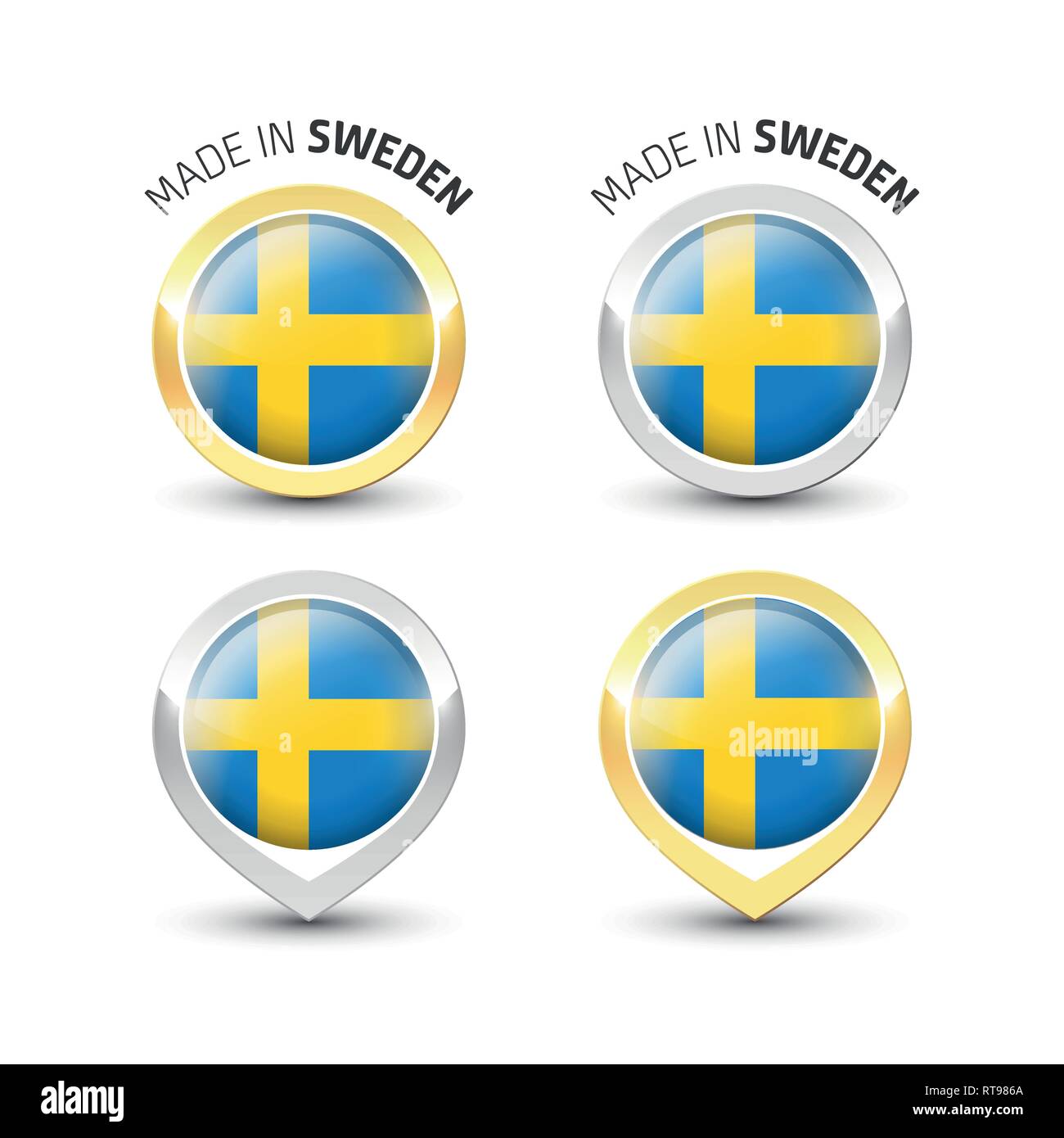Made in Sweden - Guarantee label with the Swedish flag inside round gold and silver icons Stock ...