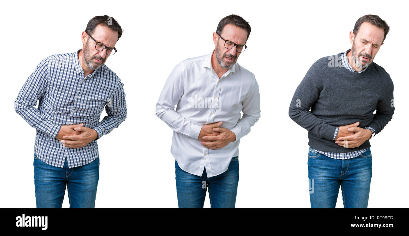 Collage of handsome senior business man over white isolated background ...