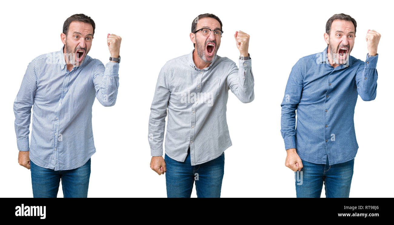 Collage of handsome senior business man over white isolated background ...