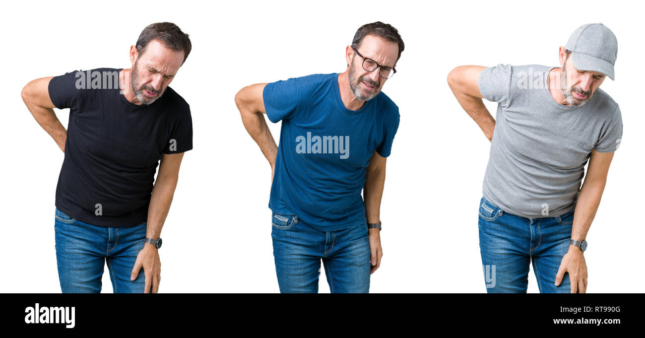 Collage of handsome senior man over white isolated background Suffering ...