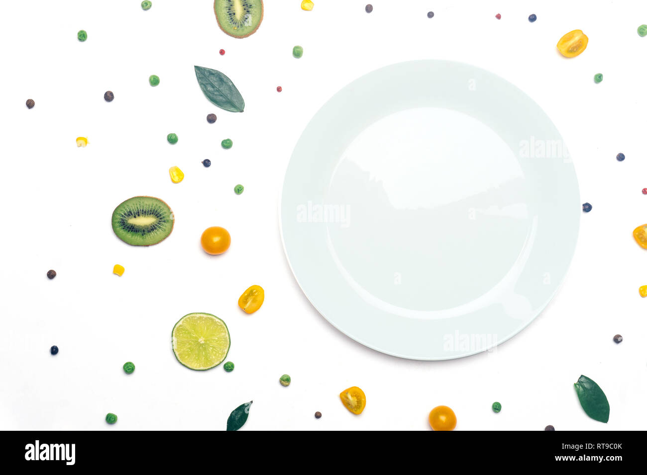 Food Flat Lay Spring Summer Concept With Empty Plate Vegan Vegetables