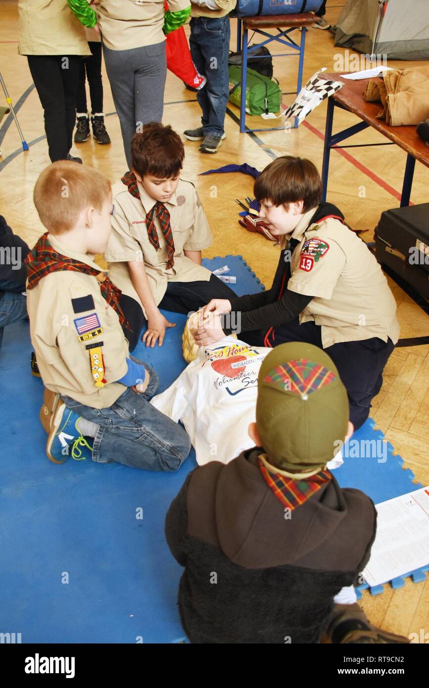 Wiesbaden Cub Scouts from Pack 13 stop at a CPR station during their ...