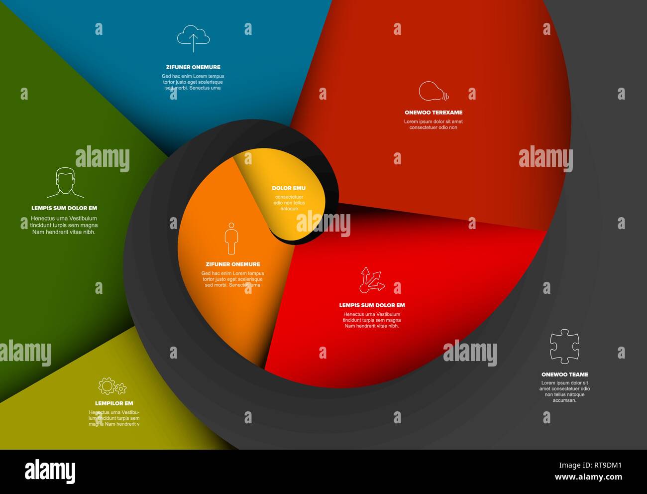 Project evolution timeline template with spiral model and icons - dark ...