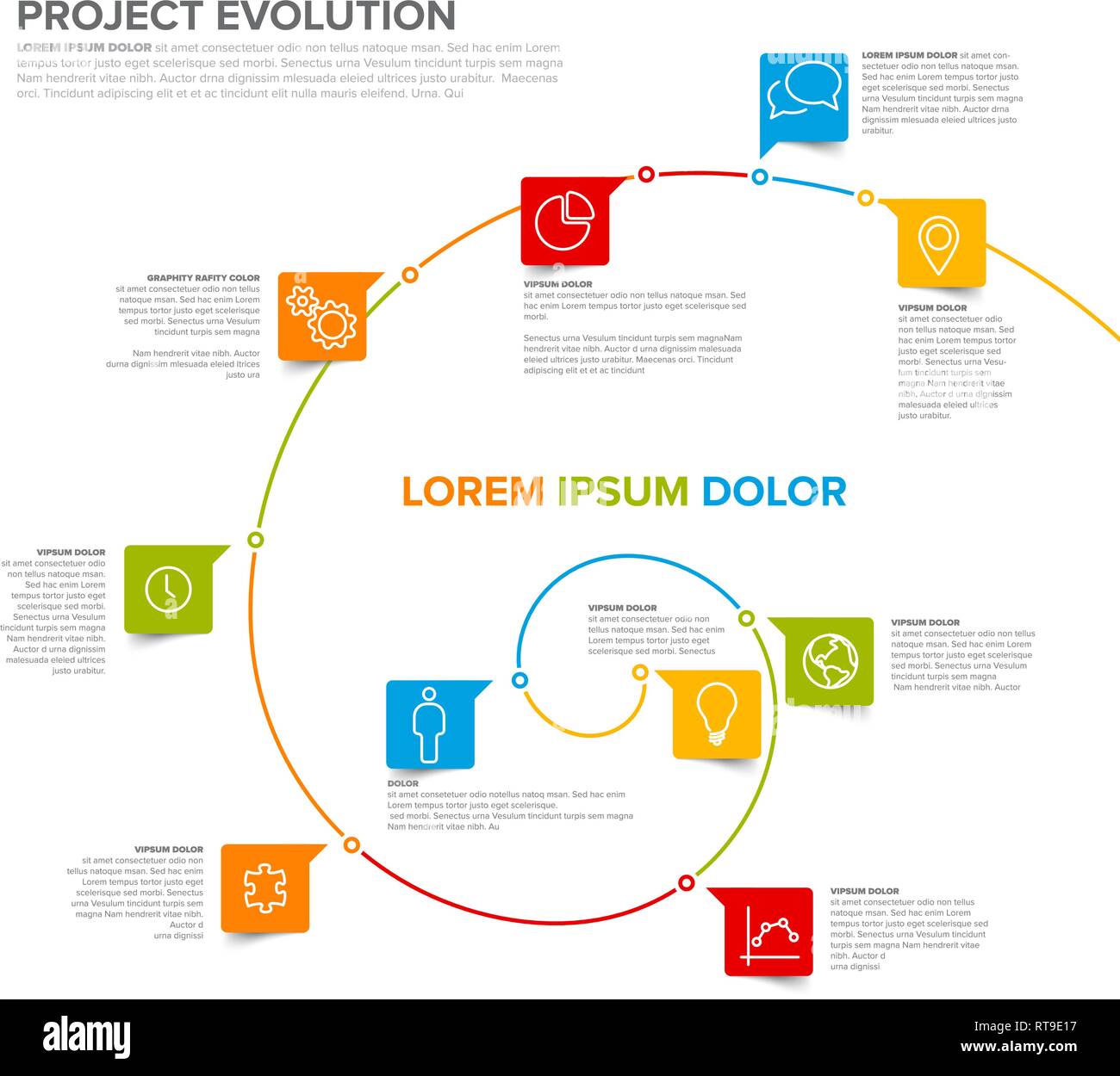 Project evolution timeline template with spiral model and icons - white ...