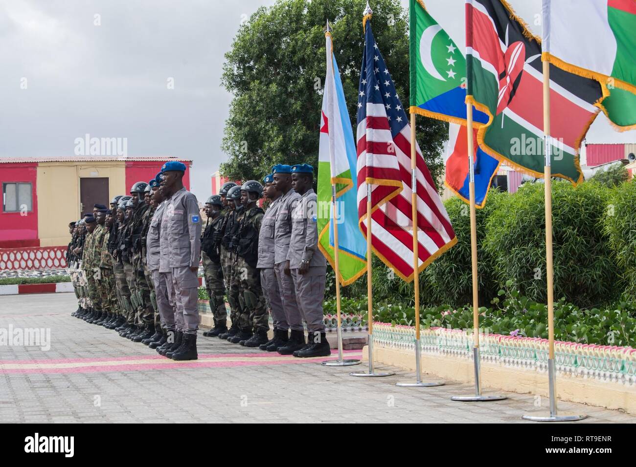 African military forces stand in formation during the opening ceremony ...