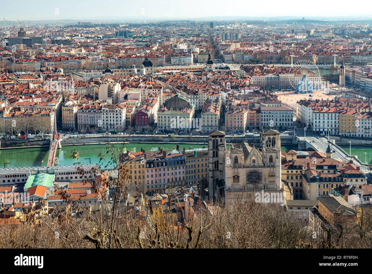 Top view, from Fourvièr, of the ancient city of Lyon. In the foreground ...