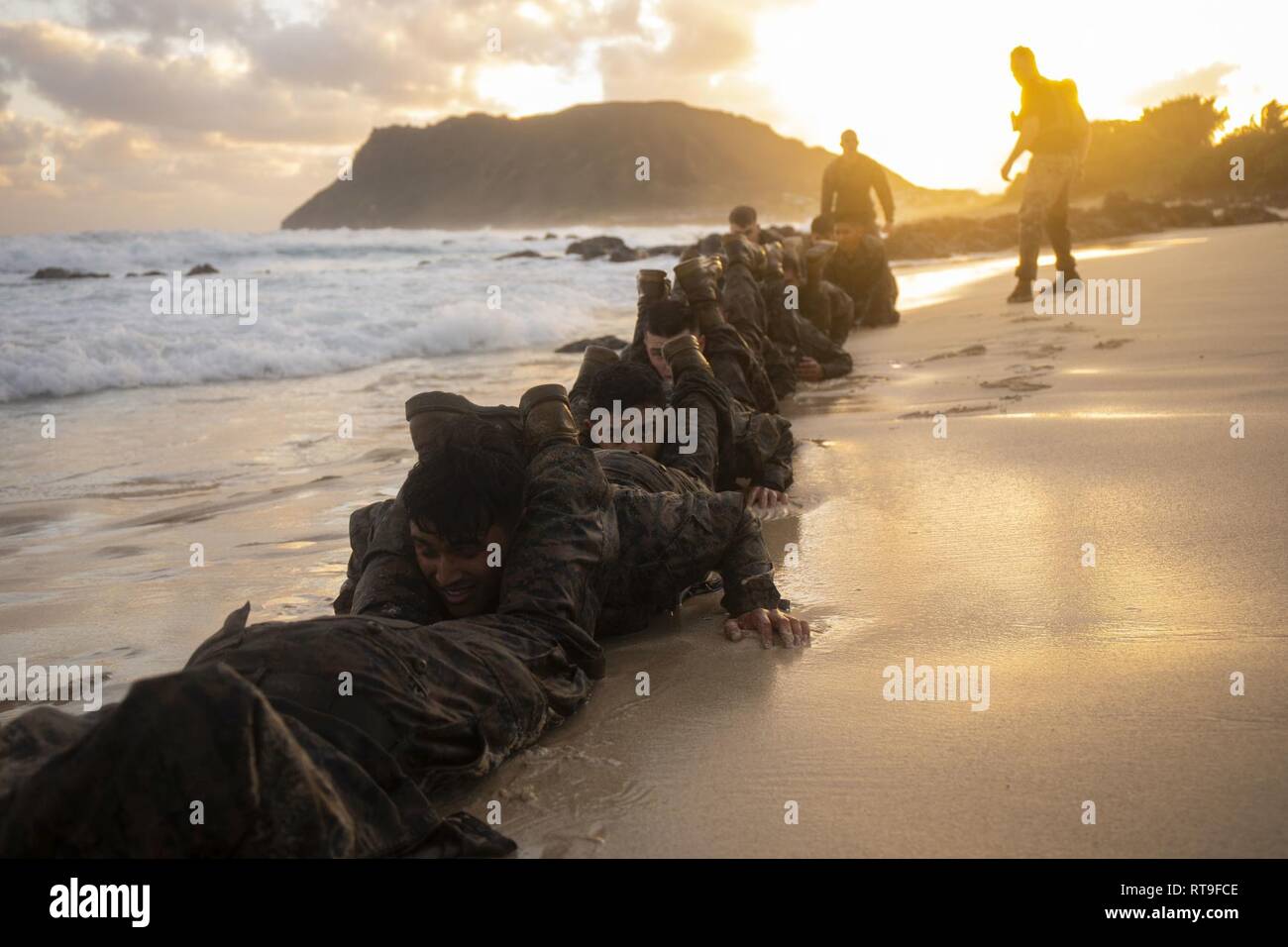 U.S. Marines execute squad push-ups during a physical training exercise ...