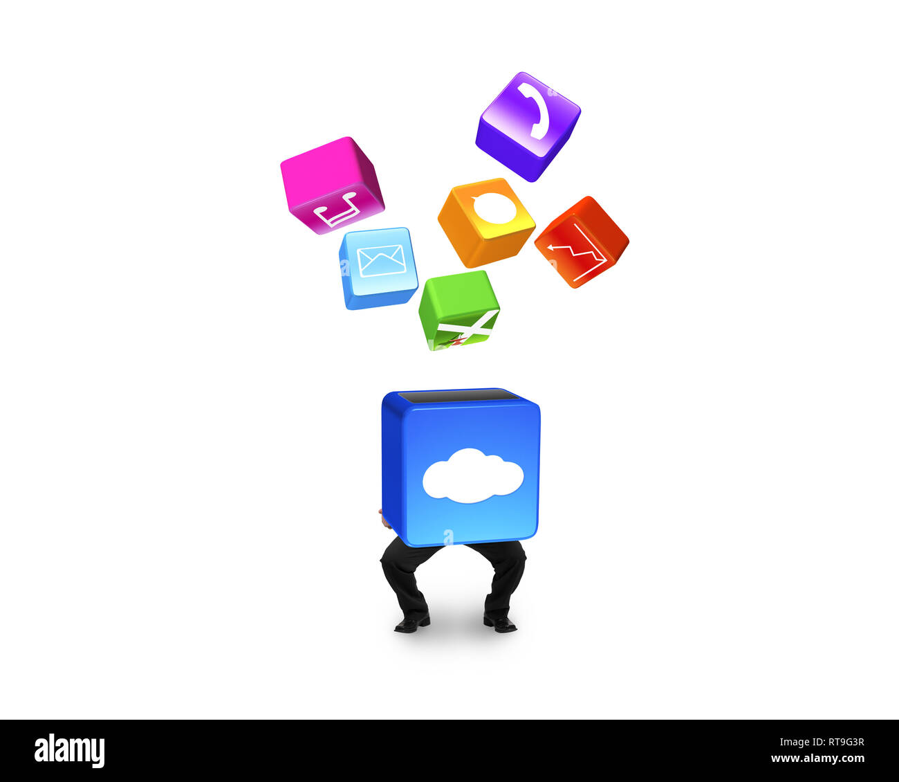 Man holding cloud box illuminated colorful app icons floating isolated ...